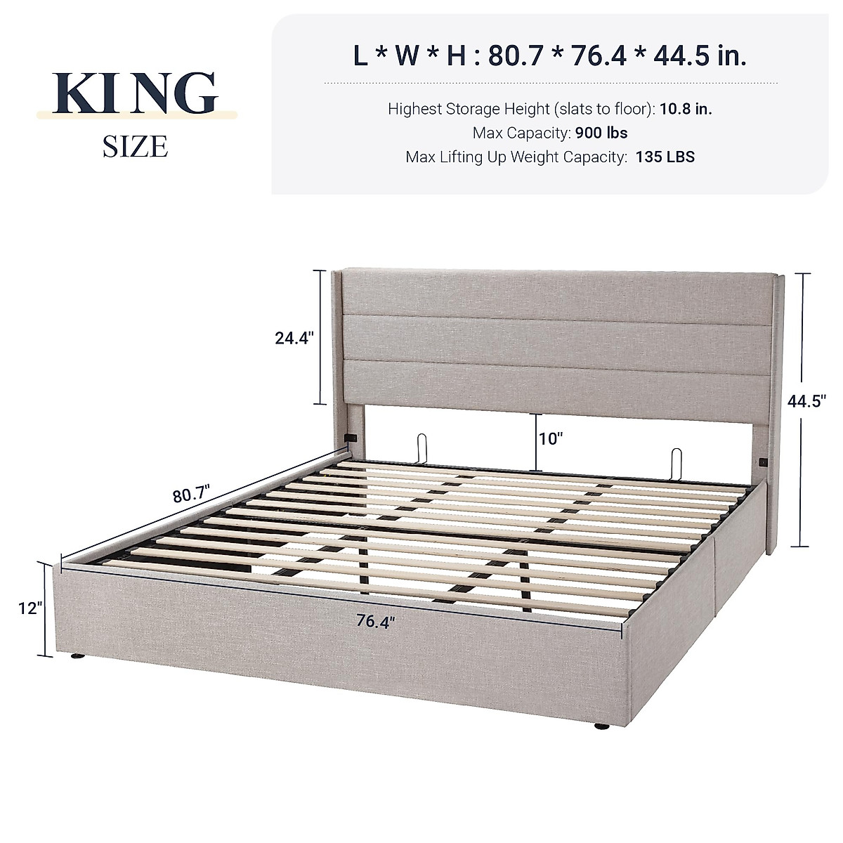 Allewie King Size Lift Up Storage Bed, Modern Wingback Headboard, No Box Spring Needed, Hydraulic Storage, Light Beige