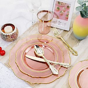 KIRE 210Pcs Clear Pink Plastic Plates with Gold Rim& Disposable Gold Plastic Silverware &Pink Cups&Hand Napkin- Plum Colored Plastic Dinnerware for Upscale Wedding & Mothers Day & Easter
