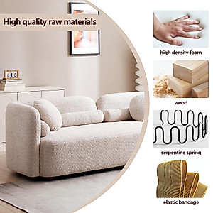 Alyncasa 3 Seater Modern Curved Sofa, Pellet Velvet Fabric Upholstered Couch, Luxury Low Footed Couch with Pillows for Apartment Living Room Office Studio (Beige)