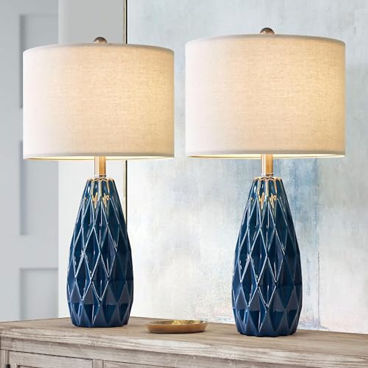 G-SAFAVA Modern Ceramic Table lamp Set of 2, Blue Embossed Geometric Pattern Bedside lamp Tall Nightstand Lamp End Table Lamps for Living Room Bedroom