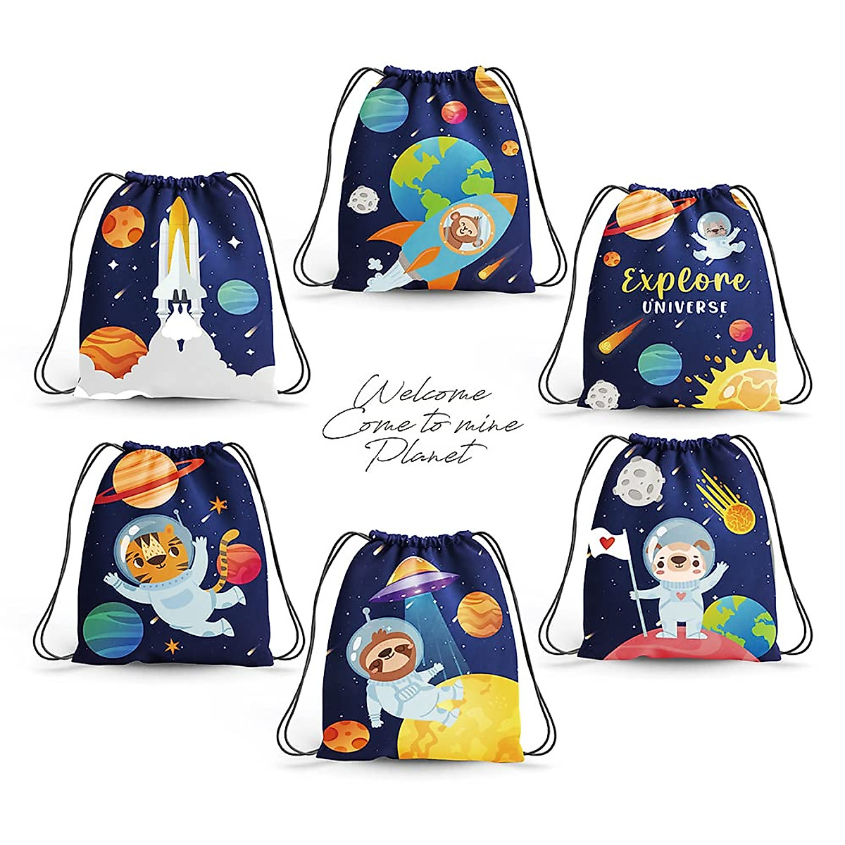 PADELO 12 Pack Space Party Favor Bags Party Supplies Goodies Drawstring Bags for Kid's Birthday as Loot and Goodies bags for Boys Girls Gifts Candy and Snacks School Travel Toy Storage Bag