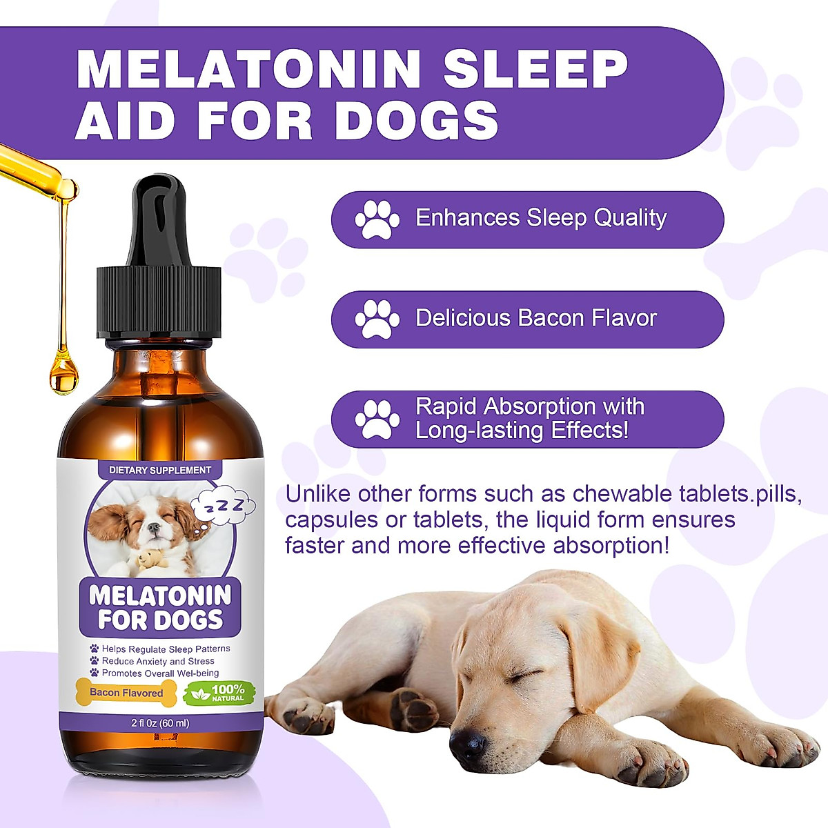 Melatonin for Dogs,Dog Melatonin,Dog Sleep Aid,Liquid Melatonin for Dogs,Calming for Dogs,Melatonin for Dogs Sleep Relieves Anxiety and Stress in Dogs, Helps Calm and Restful Sleep,Bacon Flavor