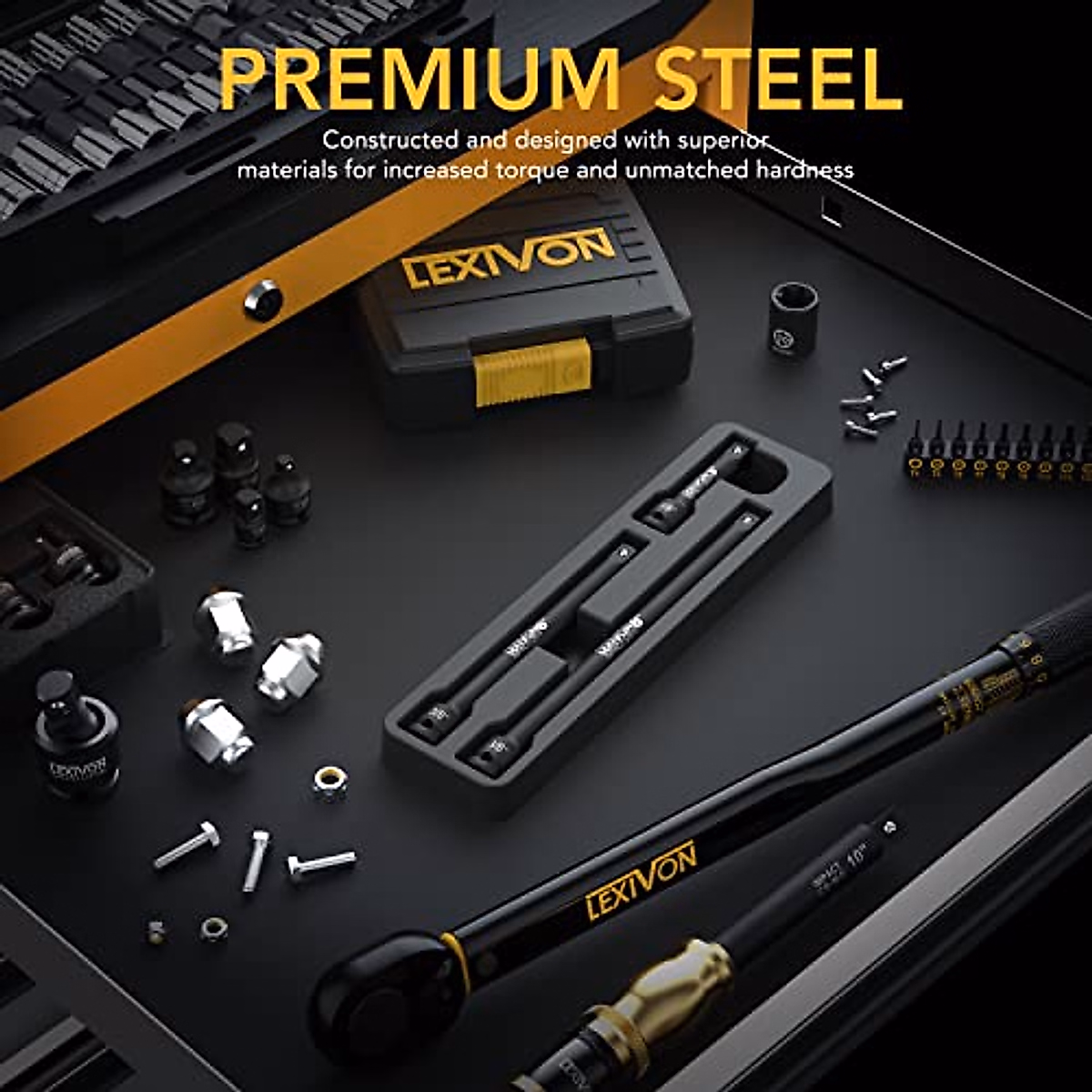 LEXIVON Impact Driver Extension Bar Set, 3/8" Drive | 3-Piece 3" 6" & 8" Long, Organized In A Tray | Hardened and Heat Treated Chrome Vanadium Steel (LX-114)