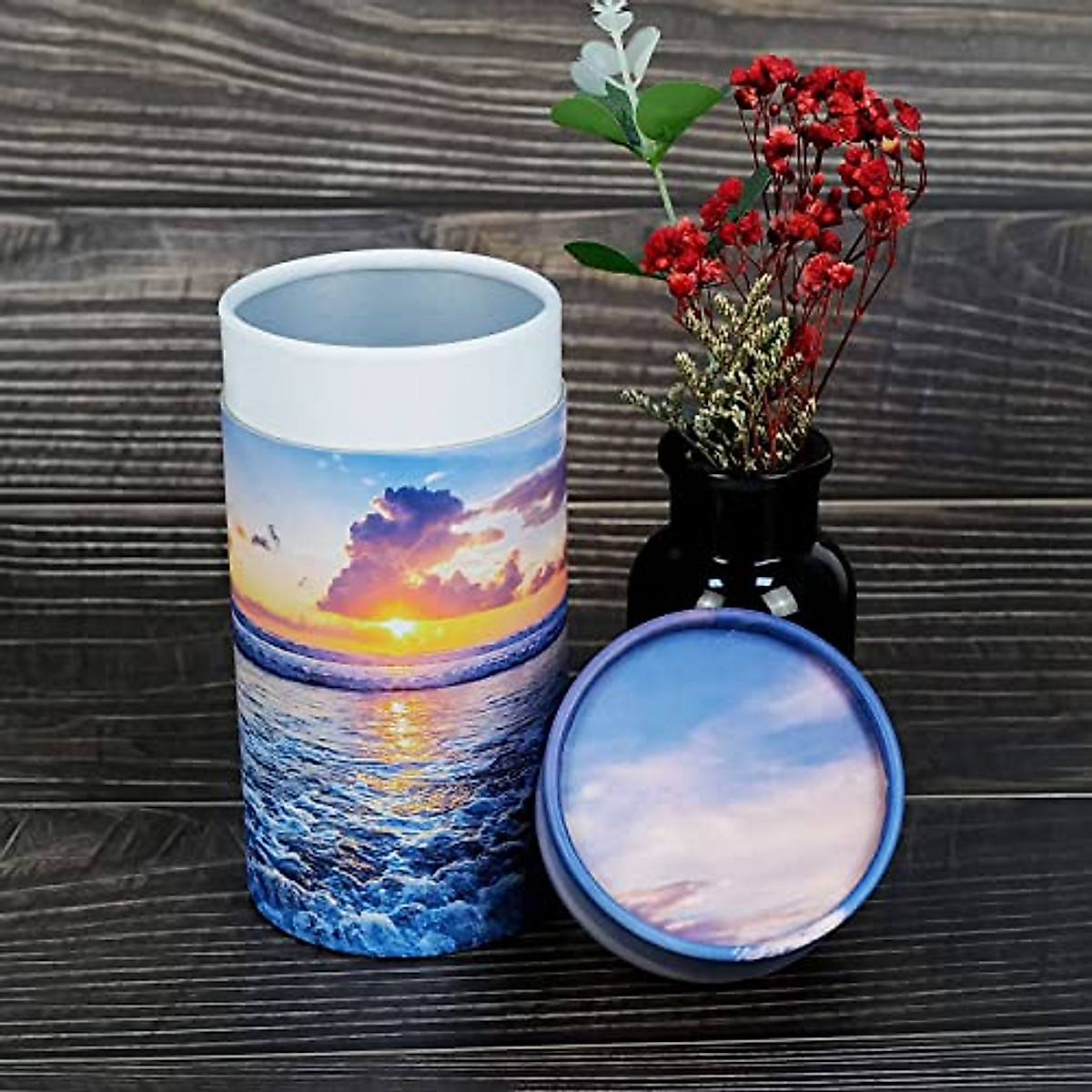 Set of 2 40 lbs Small ECO Scattering Tube Urn for Human Ashes, Biodegradable Decorative Spreading Cremation Urn for Adult Male Female Pet Dog Cat Ashes, Including ECO Artificial Flowers(Beach Sunset)