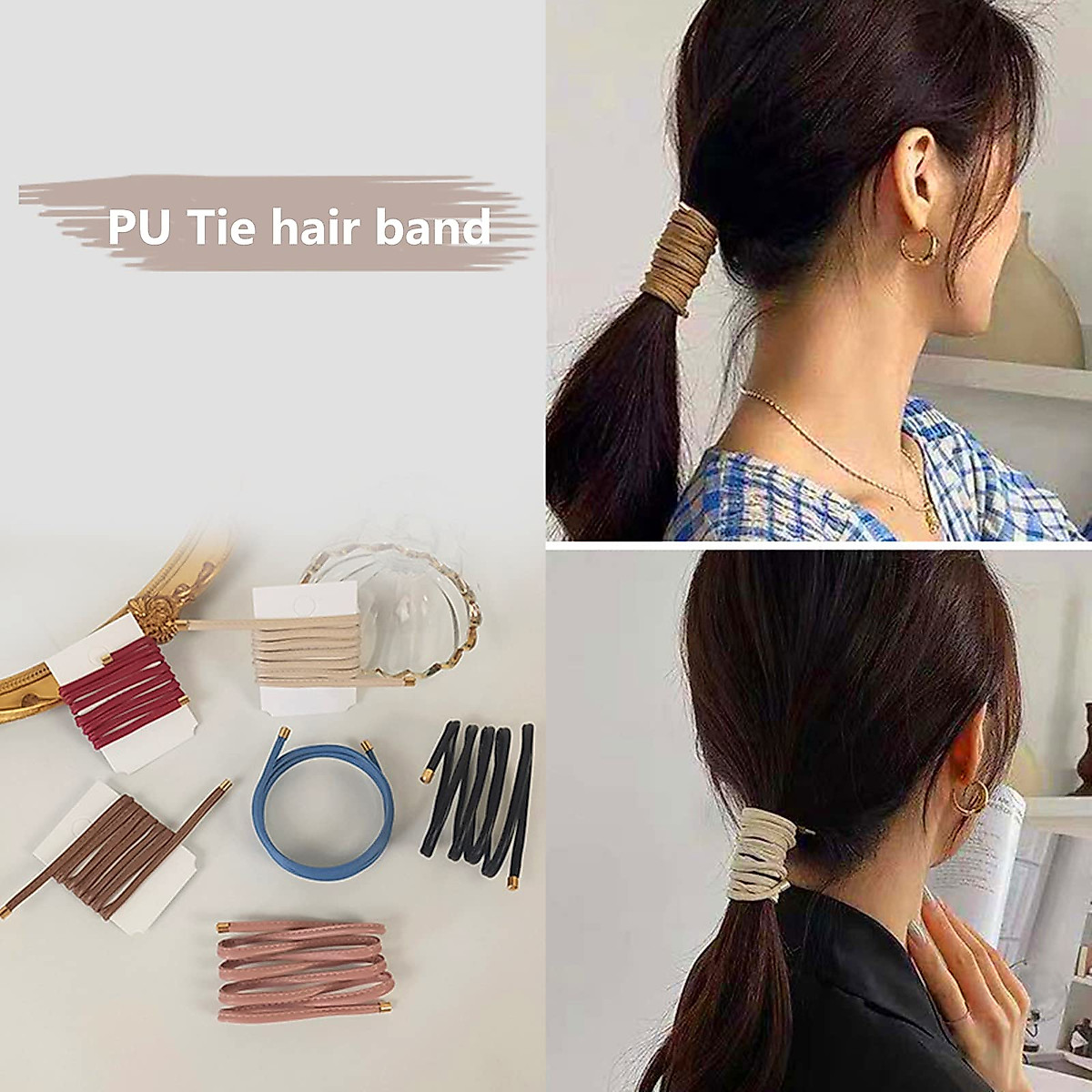 LURVFUEH 3 PCS Braid Accessory Ponytail Leather Hair Ties, Bendable Spiral Loc Long Hair Styling Accessories for Women Girls (White+Brown+Black)