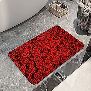 Red Rose Flower Print 17MM Thick Memory Foam Bathroom Carpet and Door Mat Non-Slip Absorbent Super Bath Mats Comfortable Flannel Bathroom Carpet Bed Rug 29 X 17 Inches