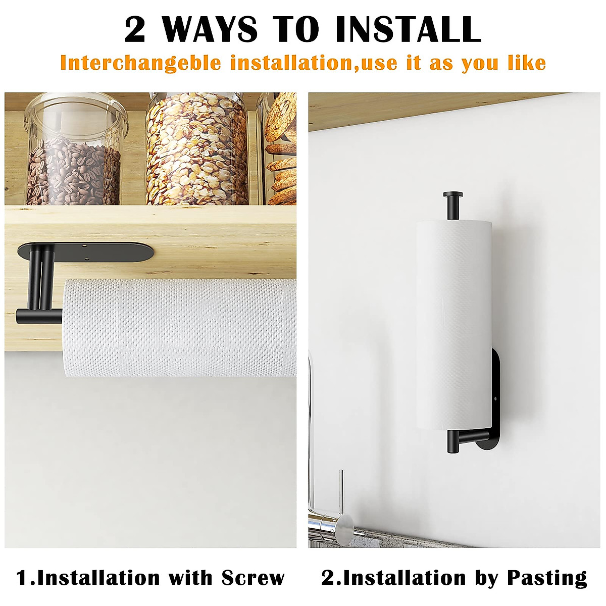 Under Cabinet Paper Towel Holder, New Upgrade Double Rod Bearing Self-Adhesive or Drilling Wall Mounted Paper Towels Rolls Holder for Kitchen,Black