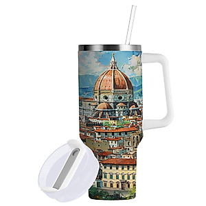 ALAZA Italy Florence Cathedral 30 oz Tumbler Water Bottle with Straw Lid and Handle,Reusable Insulated Stainless Steel Cup for Women Men Travel Car Cup Holder