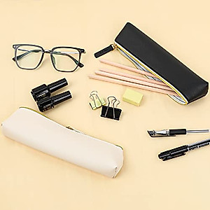 Vin Beauty 2 Pcs Leather Pencil Pouch, Slim Design Small Pencil Pouch Pencil Bag Zipper Pencil Case Bag Stationery Pouch Bag for Pens, Pencils, Markers(Black&Beige)