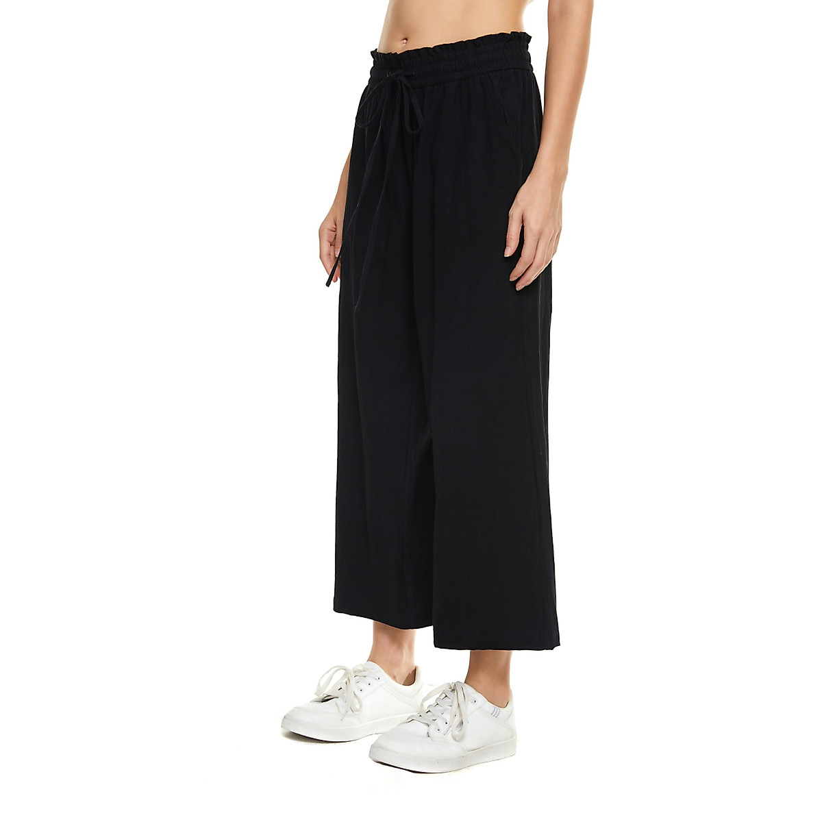 LNX Womens High Waisted Capri Pants 100% Linen Wide Leg Drawstring Flowy Comfy Crop Pants Black