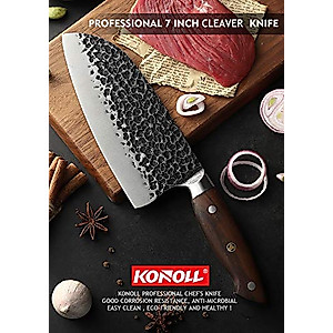 KONOLL Meat Cleaver 7 inch Forged Hammered Kitchen Knife German High Carbon Steel Chinese Knife with solid wood Handle，Butcher knives Vegetable Cutting Knife