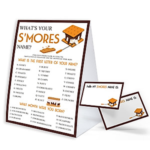 What's Your S'mores Name Game Sign with Name Tag Stickers for Baby Shower, Baby Shower Decorations, Birthday Party Game, Baby Shower Games Fun for Adults & Kids Family Class Office Activity PTWYN21