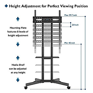 Mobile TV Stand, Rolling TV Stand with Wheels for 32-85Inch LED, LCD, OLED Flat&Curved TVs, Height Adjustable TV Cart with Laptop Shelf and Locking Wheels, Holds Up to 132lbs Max VESA 600x400mm, Black