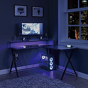 OSP Home Furnishings Checkpoint Battlestation L Shaped Gaming Desk with RGB LED Lights, Black