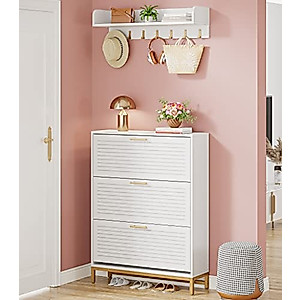 Tribesigns Shoe Cabinet, Shoe Storage Cabinet with Wall Mounted Coat Rack, Modern Shoes Organizer Cabinets with 3 Flip Drawers, White and Gold Shoe Cabinet for Entryway