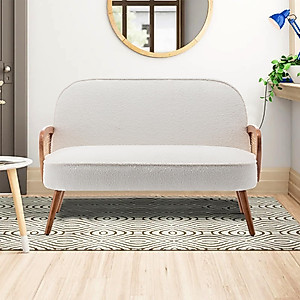 WENTMENT Loveseat Sofa Small Couch for Living Room Teddy Love Seat with Natural Rattan Armrest and Solid Wooden Legs Small Sofa for Small Space, Bedroom, Apartment（White）