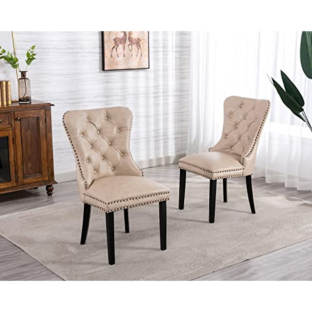 CIMOTA PU Leather Dining Chairs Set of 2, Upholstered Modern Tufted Dining Room Chairs Nailhead Trim Armless Side Chair with Solid Wood for Kitchen/Dining Room/Bedroom (Beige, Ring on The Back)