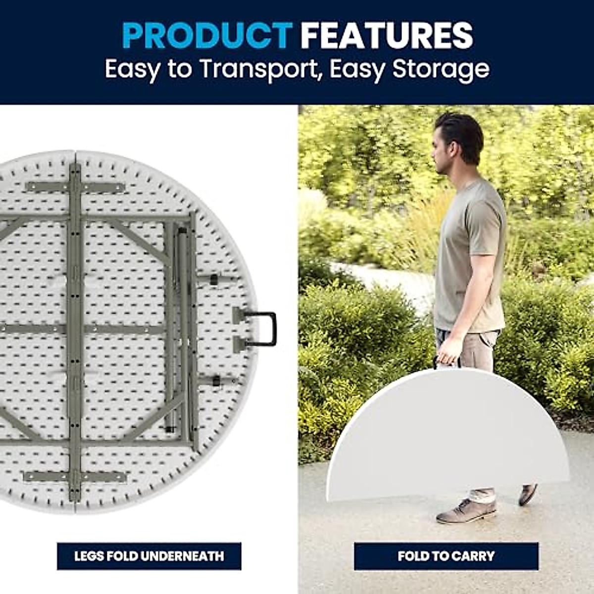 Flash Furniture Freeman 4' Round Plastic Folding Event Table with Carrying Handle, Bi-Fold Portable Banquet Table for Indoor/Outdoor Events, White