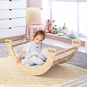 HONEY JOY Wooden Ladder Arch for Climbing, 3-in-1 Kids Climber Ladder & Rocker Board w/Cushion Pad, Triangle Climber for Playground, Gym & Daycare, Climbing Toy for Toddlers Boys Girls (Natural)