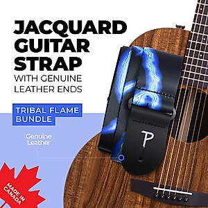 Perri's Leathers Guitar Strap - Bundle - BONUS- 3 Medium 0.71mm Picks, 1 Leather Acoustic Adaptor, 4 Strap Locks & Shoelace… (Blue Lightning)