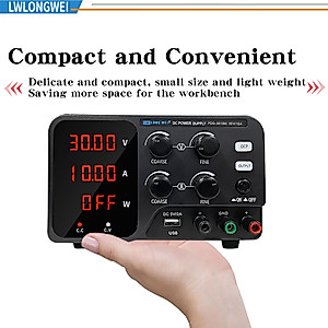 LWLONGWEI DC Power Supply Variable,30V 10A Adjustable Switching Regulated DC Bench Power Supply with 4-Digits LED Power Display 5V/2A USB Output, Coarse and Fine Adjustments Black