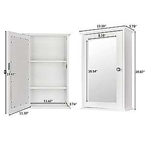 Bathroom Cabinet with Mirror Wall Mounted - Single Door White Open Shelf Wooden Medicine Storage for Bathroom Living Room Kitchen