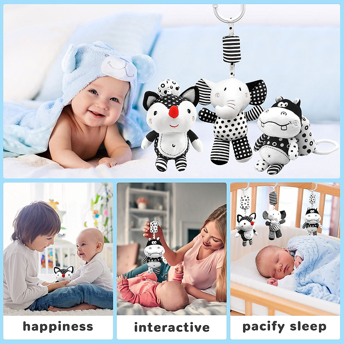 XIXILAND Hanging Rattles Toys White & Black Stroller Toy, Newborn Toys Infant Toys Crib Toys, Soft Plush for Stroller Car Seat Crib with Wind Chimes, Best Baby Gift for 0,3,6,9,12,18 Months
