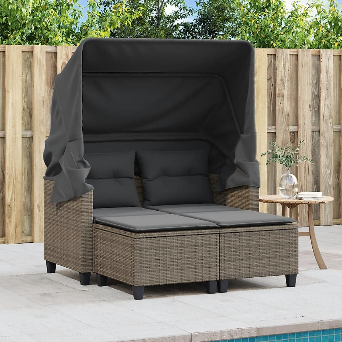 vidaXL Gray Poly Rattan Patio Loveseat with Retractable Canopy and Matching Stools - Outdoor 2-Seater Sofa - Weather-Resistant Garden Furniture