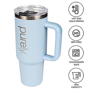 PURELY 40 oz Ceramic Lined Insulated Tumbler with Handle, Leak Resistant 2-way Lid and Straw, Ceramic Lined Travel Mug (Blue, 40oz)
