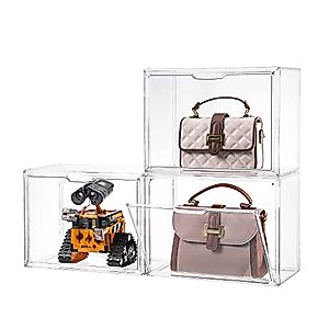 ZLLZUU Purse and Handbag Storage Organizer for Closet, Clear Acrylic Display Case for Collectibles, 3 Pack Plastic Storage Boxes with Magnetic Door for Wallet, Cosmetic, Toys (Large Door)