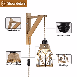 MUEOF Industrial Plug in Wall Sconce Set of 2, with 8.2ft Hemp Rope Cord, On/Off Switch,Farmhouse Wall Light with Metal Shade and Wood Bracket for Bedroom Living Room.
