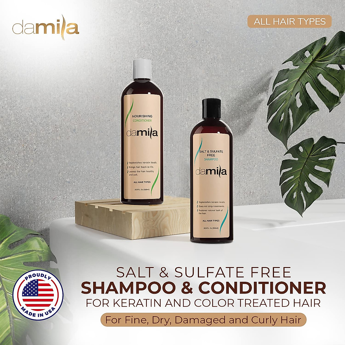 Damila Salt & Sulfate Free Shampoo & Conditioner for Keratin and Color Treated Hair - Professional Keratin Value Pack for Damaged, Frizzy, Curly, Dry & Thin Hair - Shampoo Sin Sal - 16.9 Fl Oz
