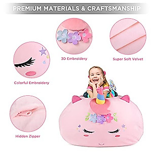 GAGAKU Stuffed Animal Bean Bag Cover Toy Storage, 24 Inches Kids Bean Bag Chair Cover ONLY Pink Unicorn Large Zipper Bean Bag for Organizing Kids Plush Toys Home Supplies (Cover Only)