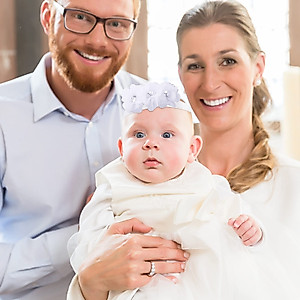 Juinte 6 Pcs White Baptism Headband for Baby Girl Toddler Elastic Chiffon Flower Crystal Lace Headbands Christening White Baby Baptism Headband Gifts Birthday Baby Shower Party (3-6 Months)