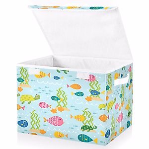 YETTASBIN Ocean Animals Storage Basket with Lid and Handles, Large Collapsible Fabric Storage Bins Durable Storage Organizer for Shelves, Closet, Bedroom, School, Office, Home Decor