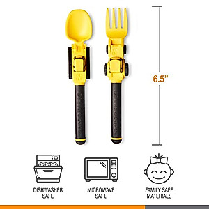 Dinneractive Utensil Set for Kids – Construction Themed Toddler Forks and Spoons, Toddler Utensils – 2-Piece Set – Yellow Construction Utensils For Toddlers - Loader & Tractor Toddler Spoons and Forks