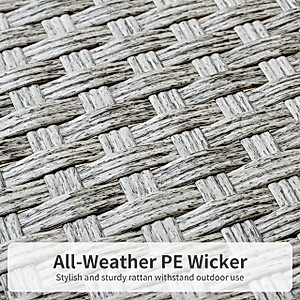 WAROOM Outdoor Patio Furniture Set 4 Piece Wicker Furniture Patio Conversation Sets PE Rattan Patio Chairs Couch Sectional Sofa with Fire Pit Table, Grey Cushion