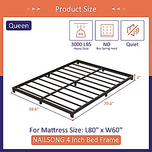 Nailsong 4 Inch Bed Frame Queen Size Low Profile, Queen Bed Frame No Box Spring Needed, Heavy Duty Metal, Easy Assembly, Black