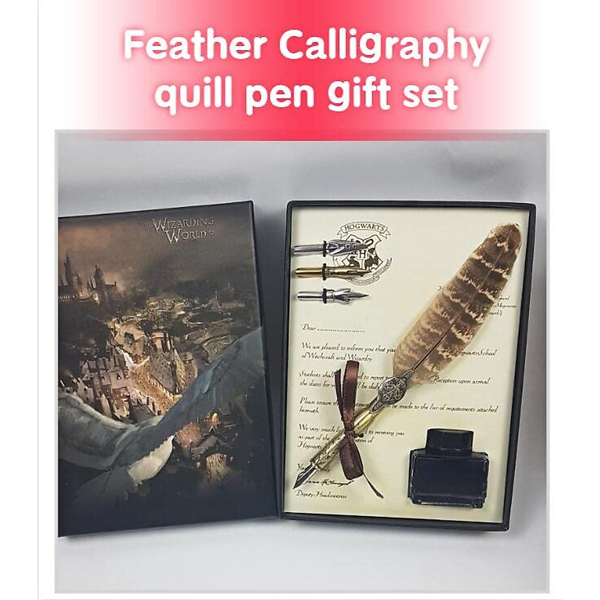 DSWINCE Feather Calligraphy Pen Set for Beginners,Metal Nib Writing Quill Ink Pen Vintage Fountain Dip Pen Gift Set (Owl feather pen)