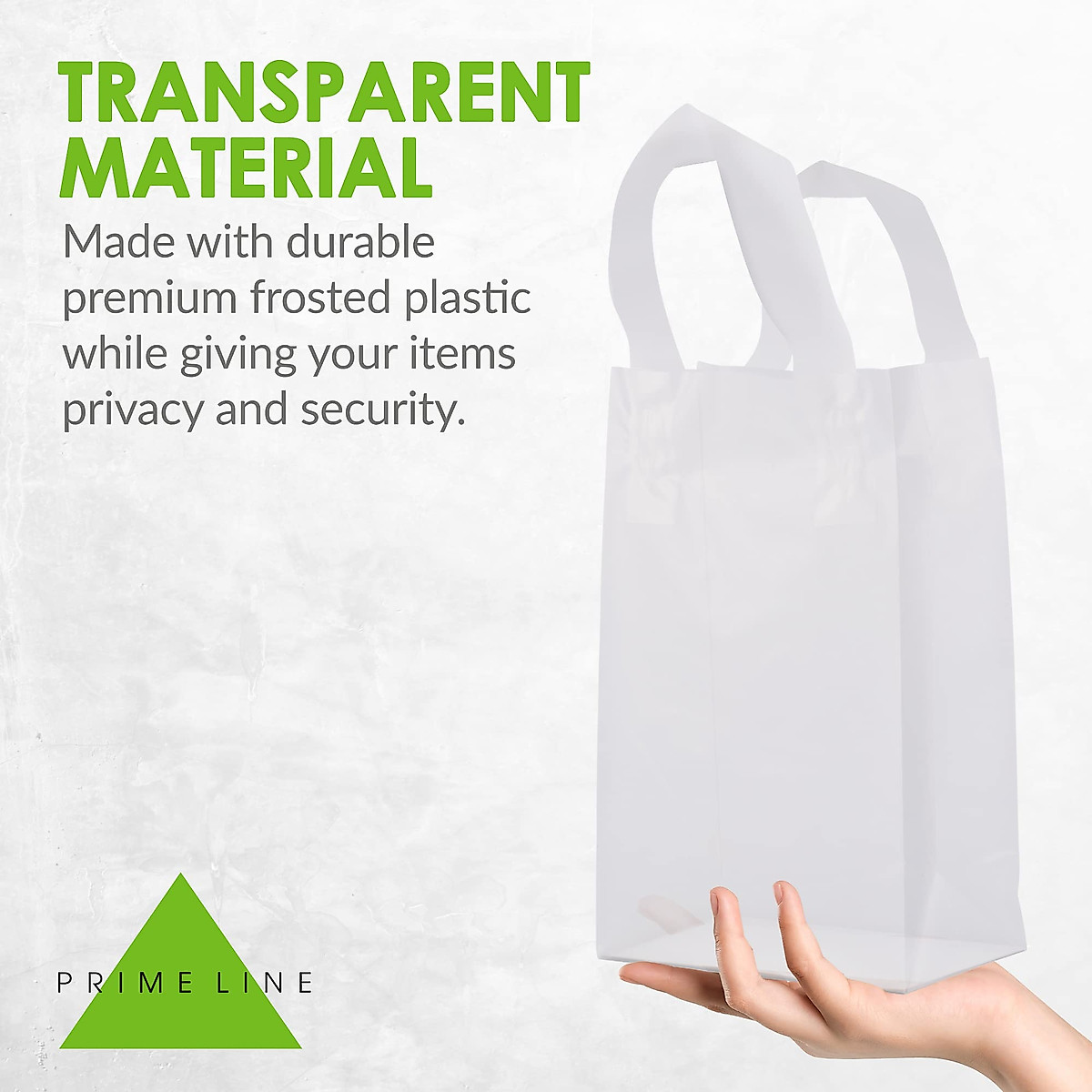 Prime Line Packaging Clear Gift Bags with Handles, Frosted Plastic Shopping Tote for Girls, Small Business, Boutiques, Retail, Bulk, 6x3x9 100 Pack