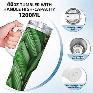 HULIBIN Banana Leaf Green Print Double Deck Stainless Steel Travel Coffee Cup With Lid 40 Oz Ice Bully Cup