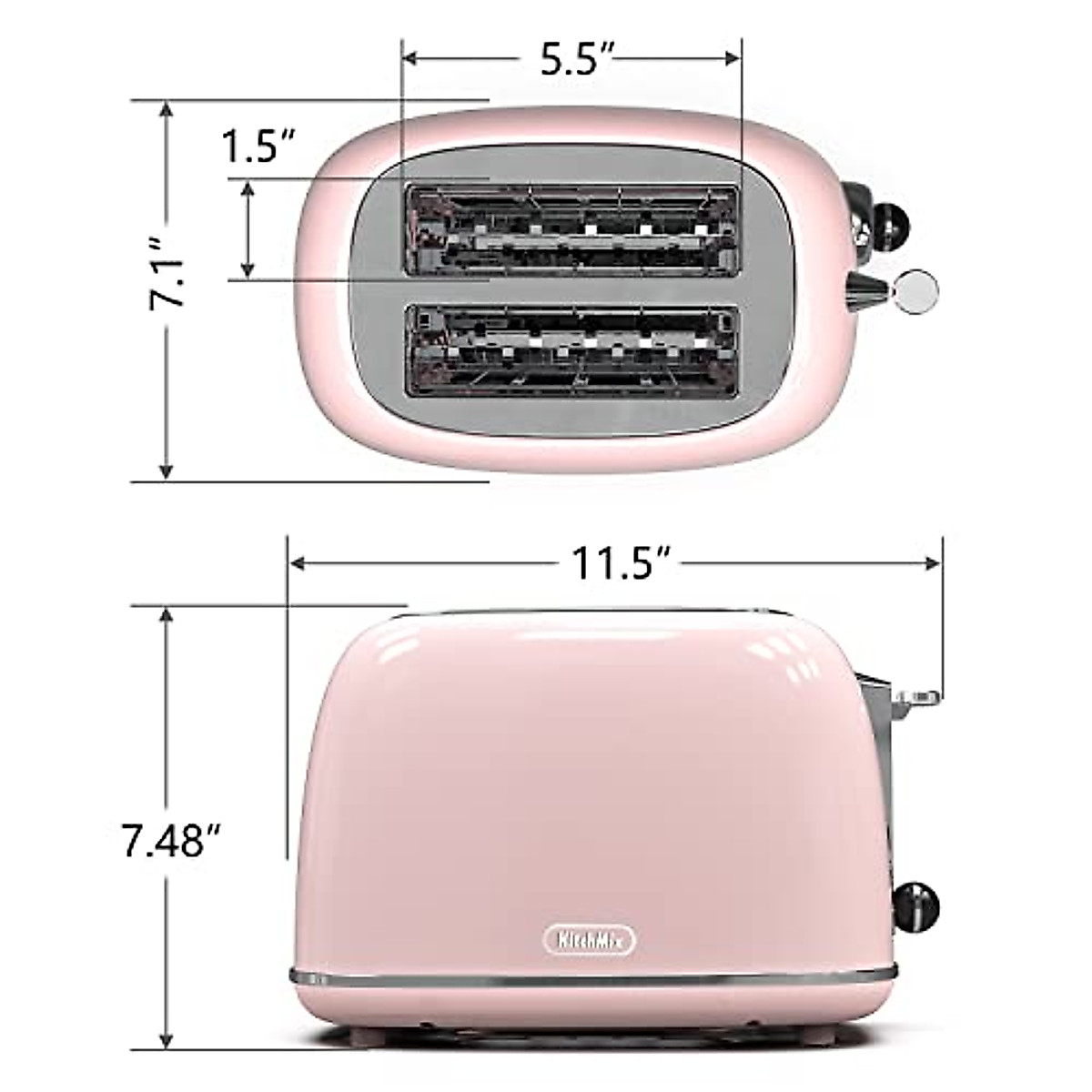 Toaster 2 slice,Retro Stainless Steel Toaster with 6 Settings, 1.5 In Extra Wide Slots, Bagel/Defrost/Cancel Function, Removable Crumb Tray (Baby pink)