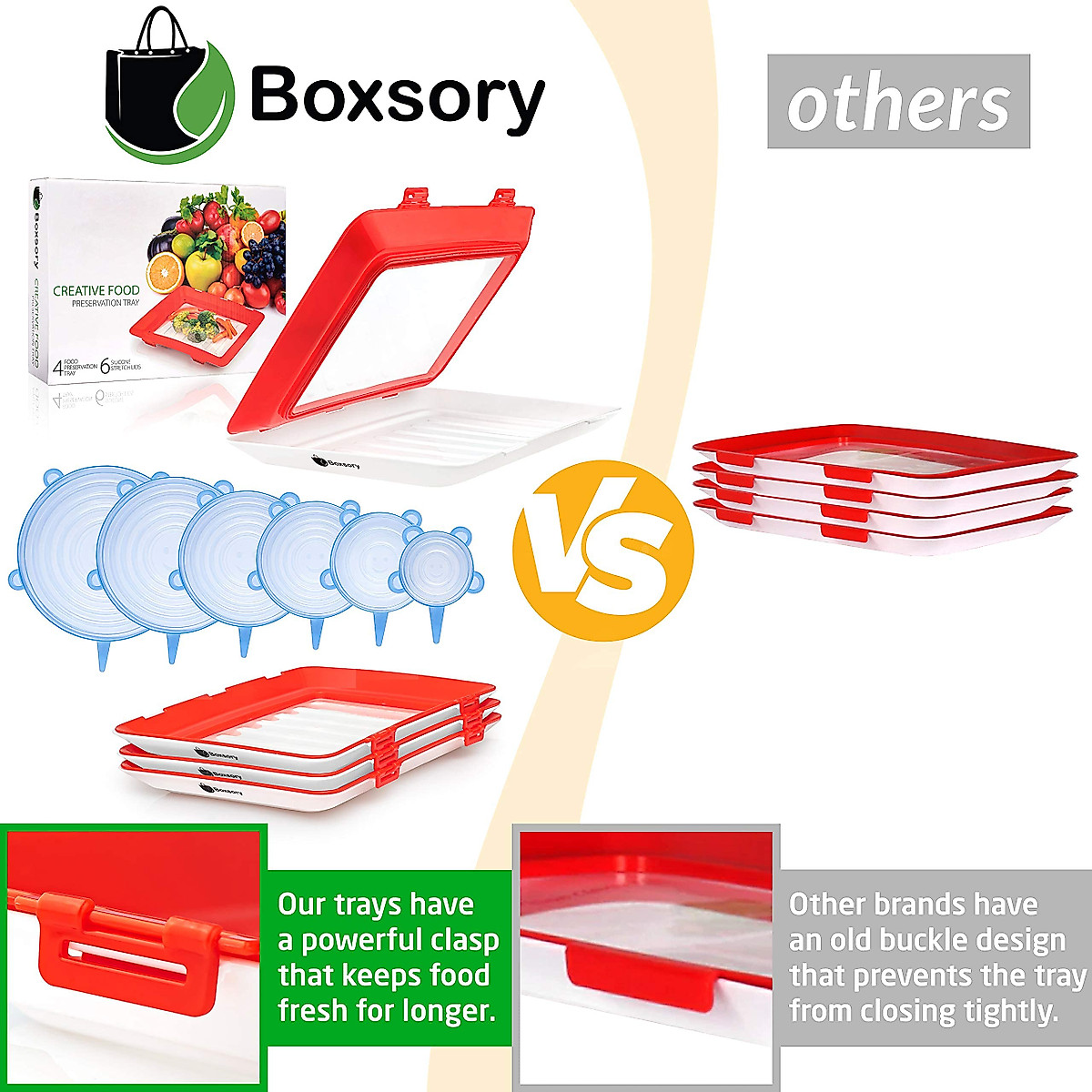 BOXSORY Food Preservation Trays - New Version 2021, Stackable, Reusable and Odor Free - Dishwasher Safe Refrigerator Storage Tray (4pcs) + Stretch Lids (6pcs)