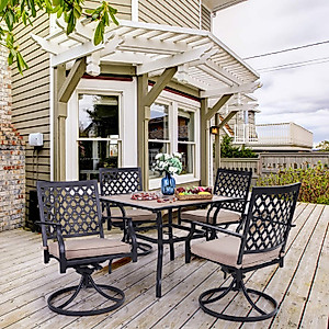 PHI VILLA Outdoor Patio Wood-Like 37" Square Dining Table and Arm Swivel Chairs Furniture Set of 5