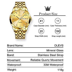 OLEVS Gold Watches for Men Large Face Analog Wrist Watch Easy Read Big Wrist Mens Golden Stainless Steel Strap Watches with Date Water Resistant Luminous Hands Male Watch Quartz Relojes para Hombres
