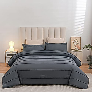 Holawakaka Grey Pleated Comforter Set with Sheets, Full/Queen Size Textured Striped Bedding Sets, Ruched Bed in A Bag 5pcs, Dark Grey