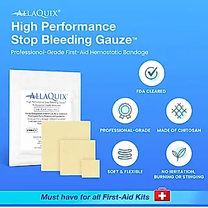 AllaQuix High Performance Stop Bleeding Gauze - X-Large (4"x4"Square) - (3-Pack) Professional-Grade First-Aid Hemostatic Gauze (Blood Clotting Bandage)