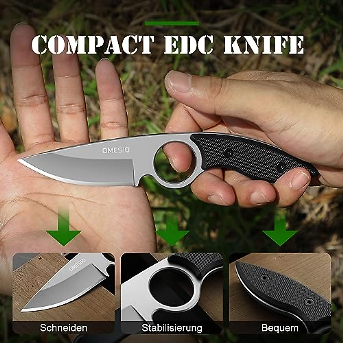 Omesio Small Fixed Blade Knife, Tactical Hunting Camping Survival Knife with Kydex Sheath, Full Tang Stainless Steel 2.68-Inch Drop Point Blade G10 Handle, EDC Neck Knife, White