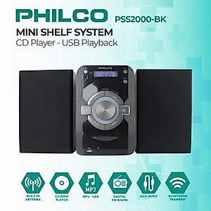 Philco Mini Stereo Shelf Systems CD Player with Digital FM Radio, Bluetooth Streaming, Remote Control in Black | LCD Display | 3.5mm Headphone Jack | MP3 & AUX Port Compatible | USB Playback