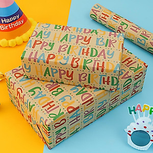 CAMKUZON Kraft Birthday Wrapping Paper Roll with Cutlines - Colorful Happy Birthday Text and Star Design - Gift Wrap Paper for Birthday Celebration Baby Shower, 17.4 Inch